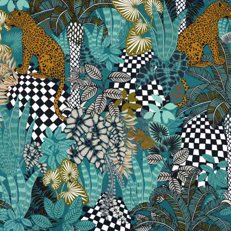 Tissu imprimé Neofelis vert pétrole céladon Casamance | Artapisser...
